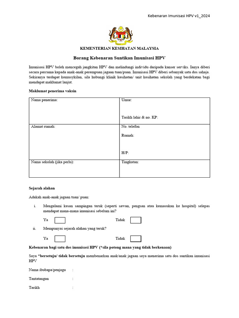 Borang Kebenaran Vaksin HPV v1_2024 | PDF