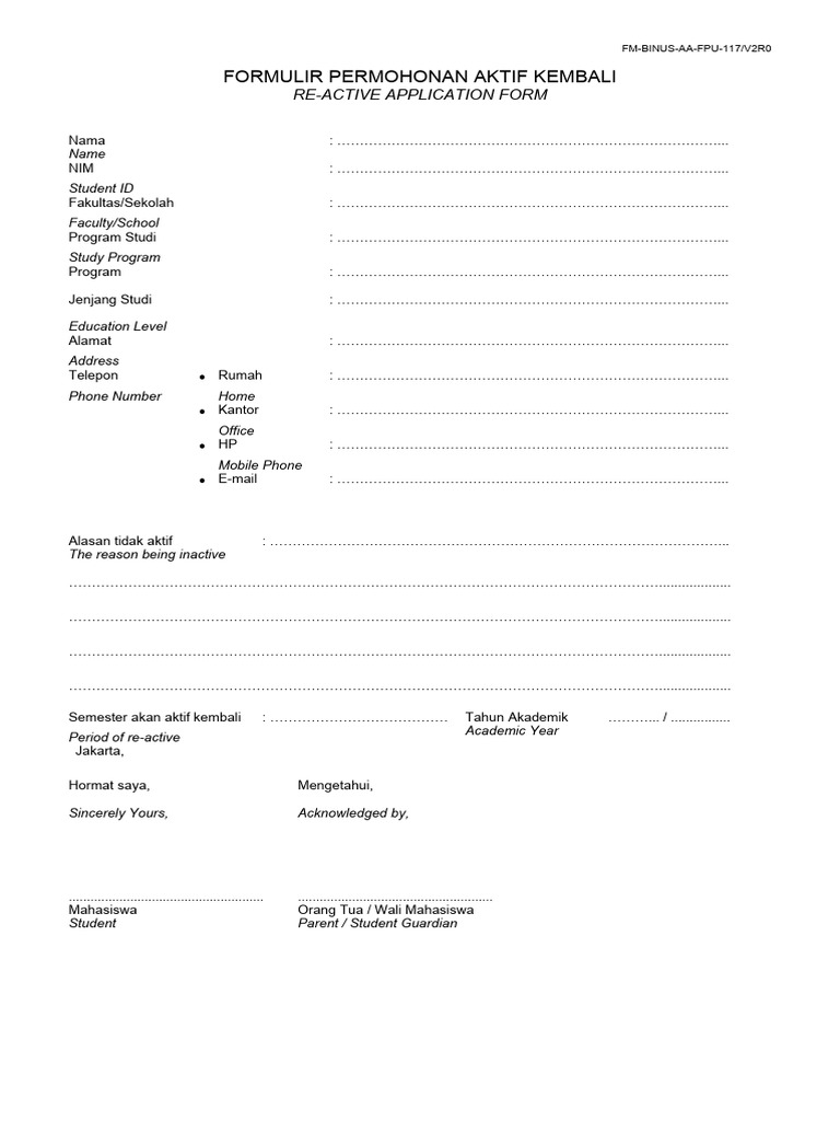 Form Reaktif FM-BINUS-AA-FPU-117 | PDF