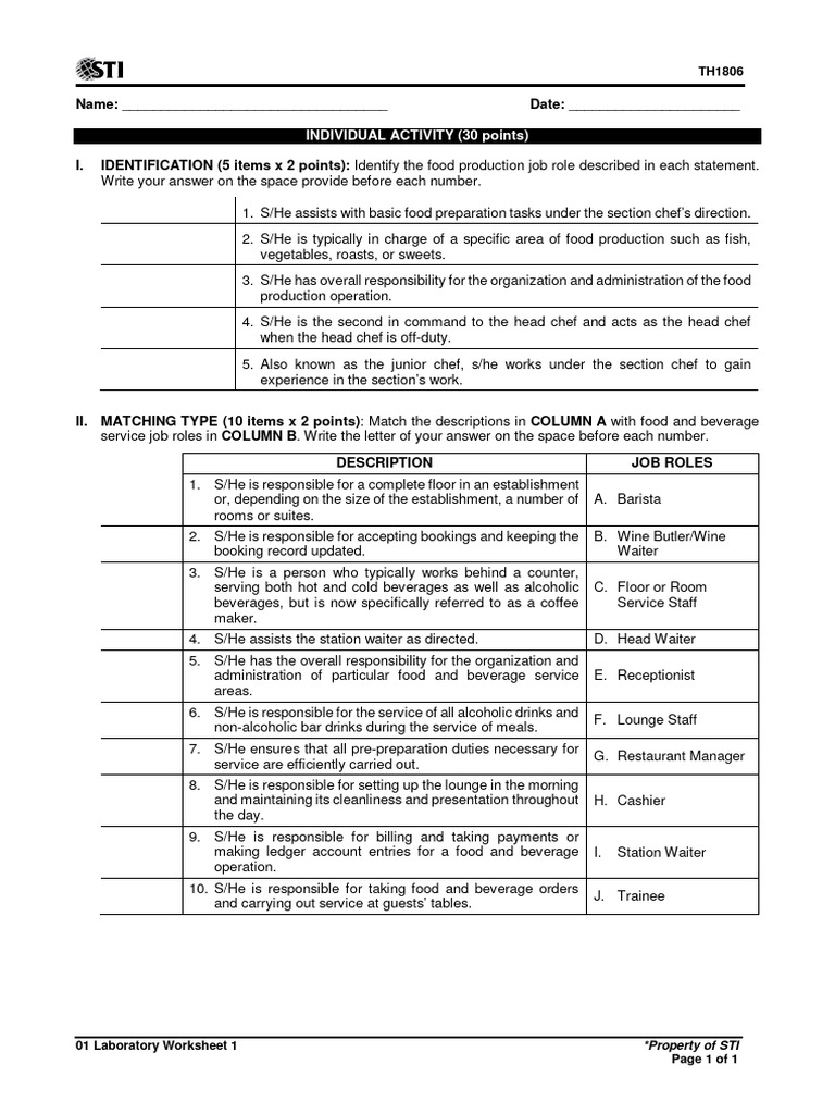 01 Laboratory Worksheet 1 | PDF | Waiting Staff | Drink