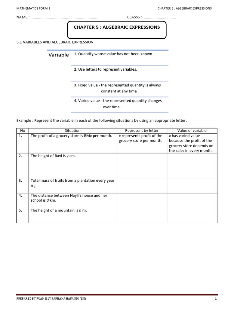 CHAPTER 5 - ALGEBRAIC EXPRESSIONS | PDF | Variable (Mathematics) | Algebra
