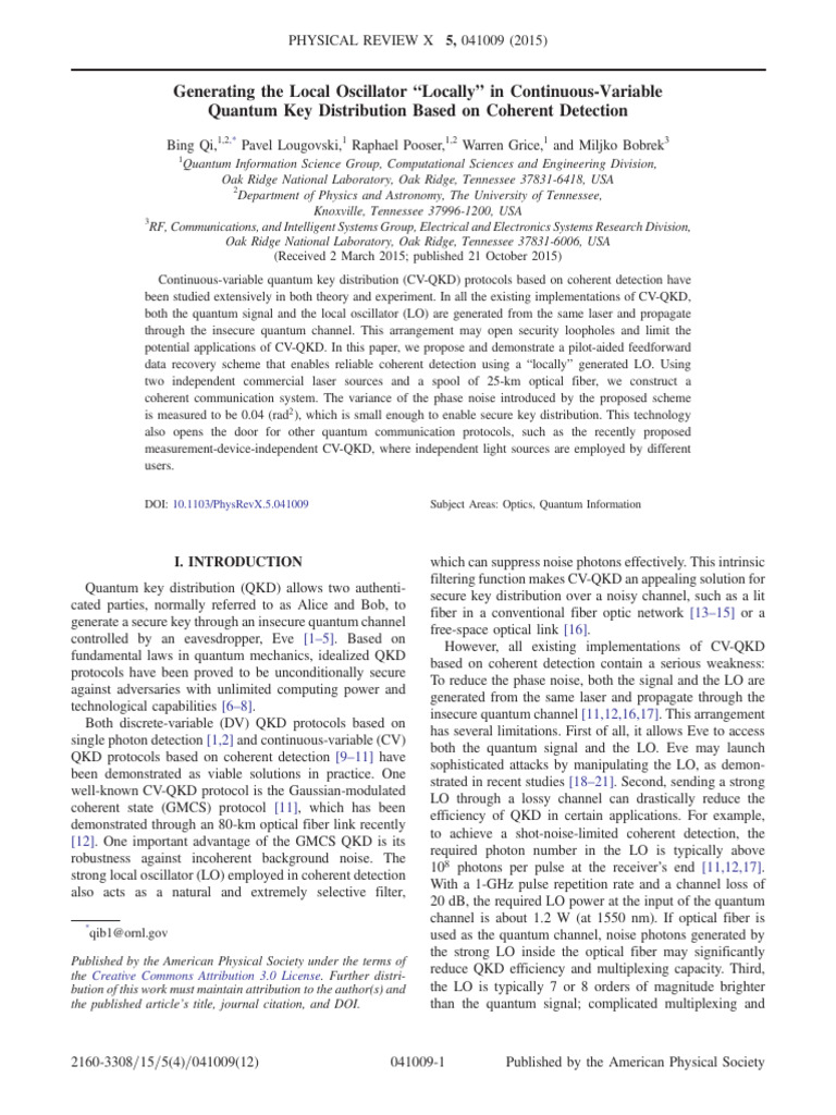 CV QKD Llo | PDF | Laser | Coherence (Physics)