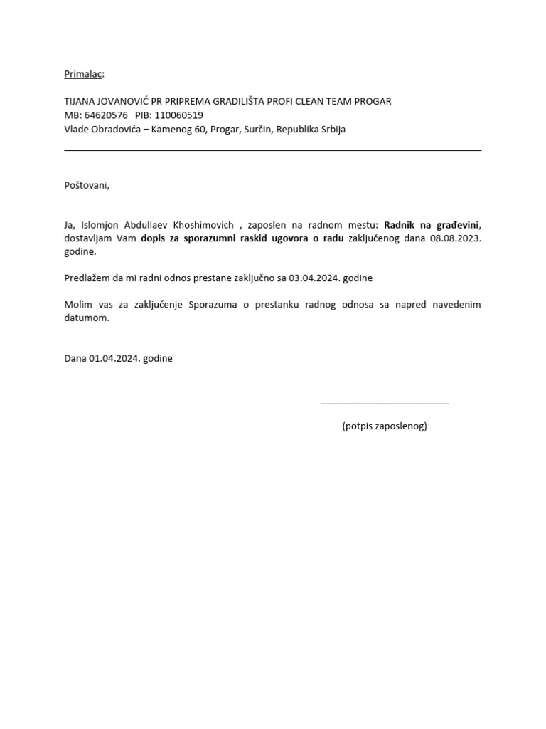 Dopis Za Sporazumni Raskid Ugovora | PDF