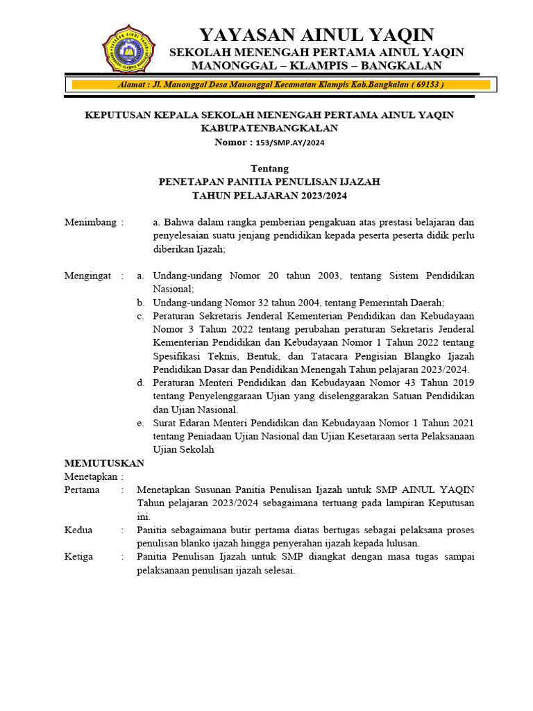 Draft SK Panitia Penulisan Ijazah 2024 | PDF