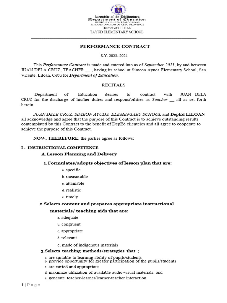 Teacher Performance Contract 2023-2024 | PDF | Educational Assessment ...