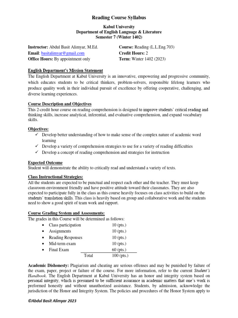 Sem 7 Reading Course Syllabus | PDF | Reading Comprehension | Academic ...