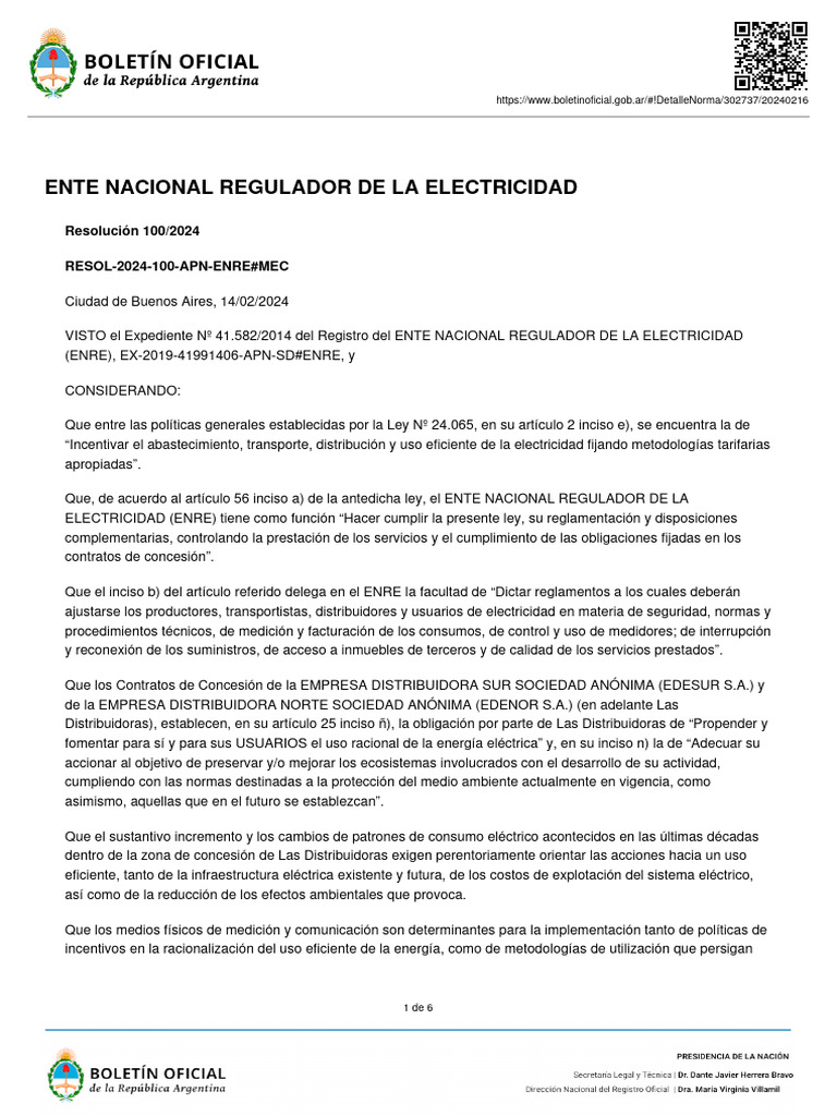 Ente Nacional Regulador de La Electricidad: Resolución 100/2024 RESOL-2024-100-APN-ENRE#MEC ...