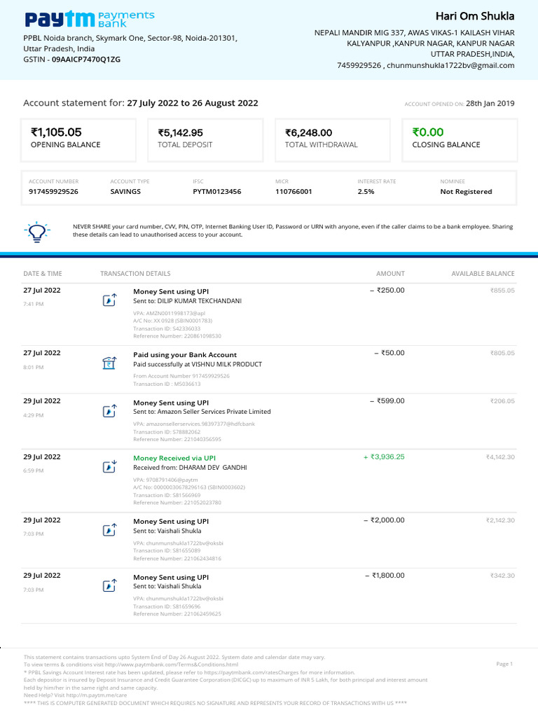 Paytm Bank Account Statement Summary | PDF | Deposit Account | Banks
