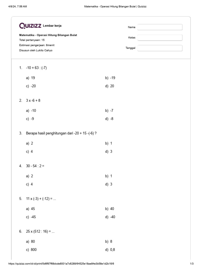 Quizizz - Matematika - Operasi Hitung Bilangan Bulat | PDF