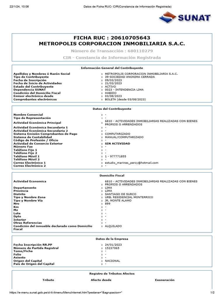 Ficha Ruc Metropolis | PDF | Industrias de servicio