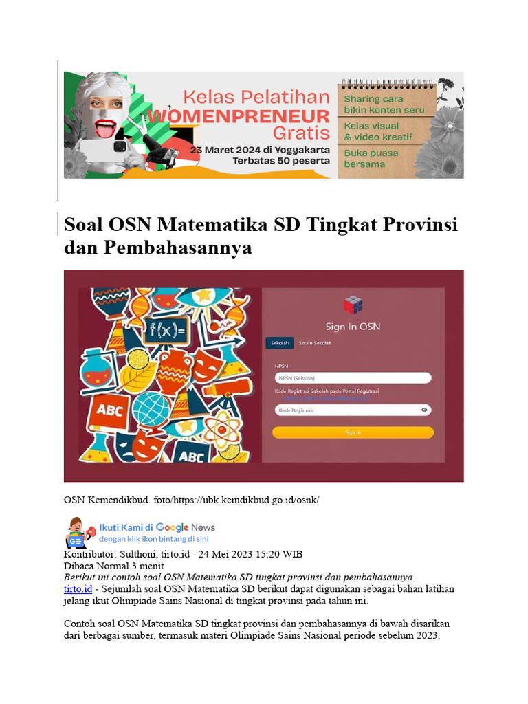 Soal OSN Matematika SD Tingkat Provinsi Dan Pembahasannya | PDF