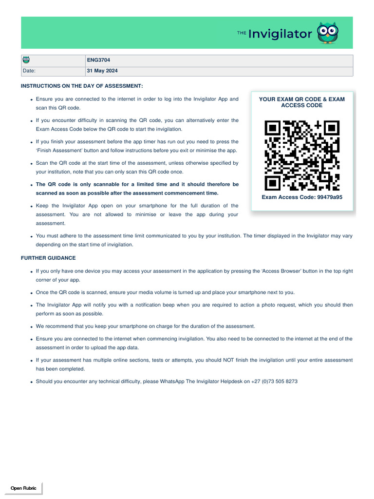 3704 MayJune Examination 31 May 2024 With QR Code and Exam Instructions ...