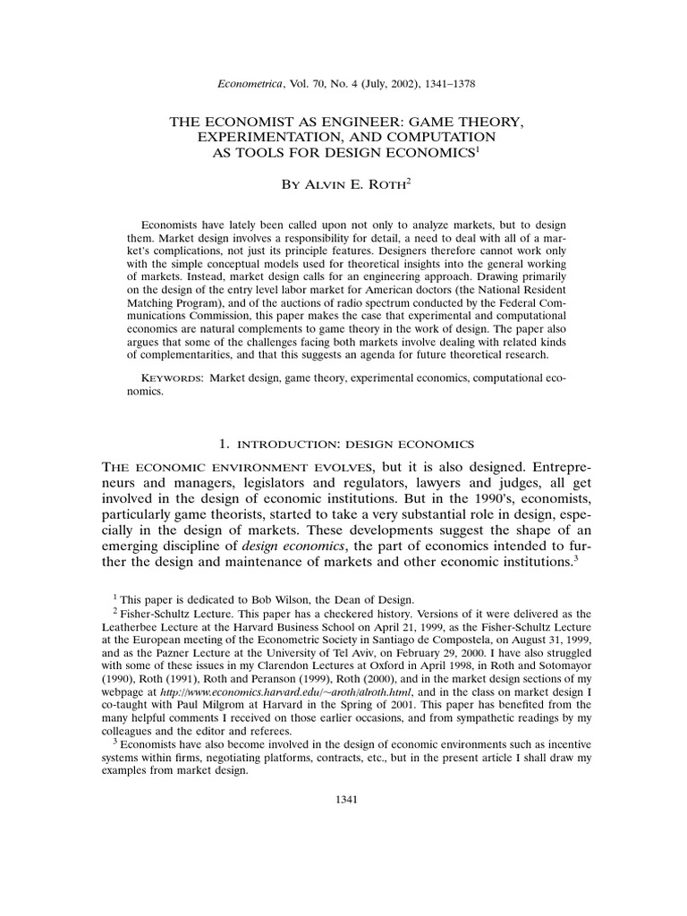Alvin E. Roth - The Economist As Engineer - Game TH | PDF | Economics