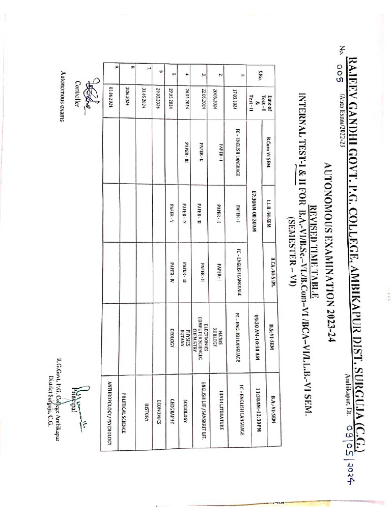 Revised UG VI Sem Internal Exam Time Table | PDF