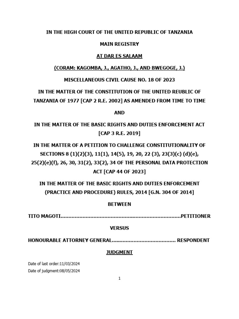 Tito Magoti Vs Hon Attorney General (Misc Civil Cause No 18 of 2023 ...