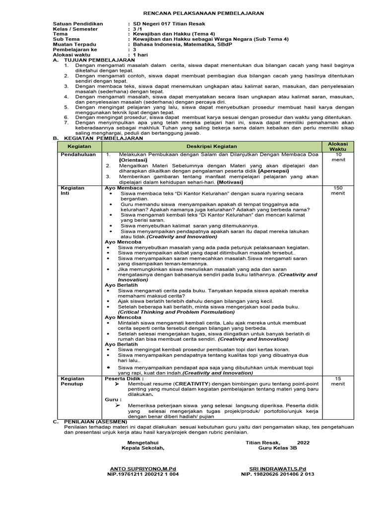 RPP Tema Kewajiban dan Hakku Kelas 3 | PDF | Karier & Perkembangan | Pengembangan Diri