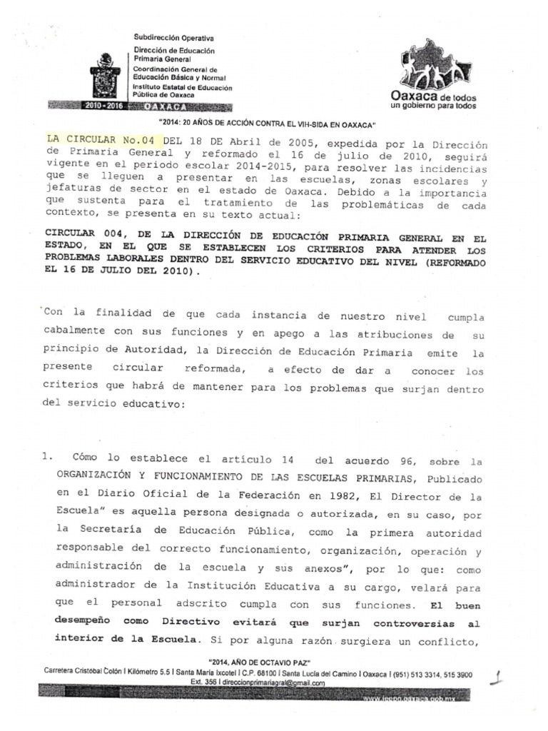 Circular 04 Ieepo Criterios Para Atender Problemas Laborales Nivel Primaria | PDF