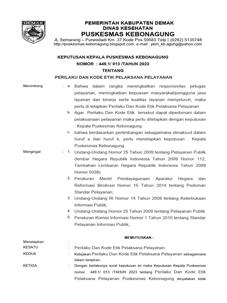 SK Perilaku Dan Kode Etik Pelaksana Pelayanan | PDF