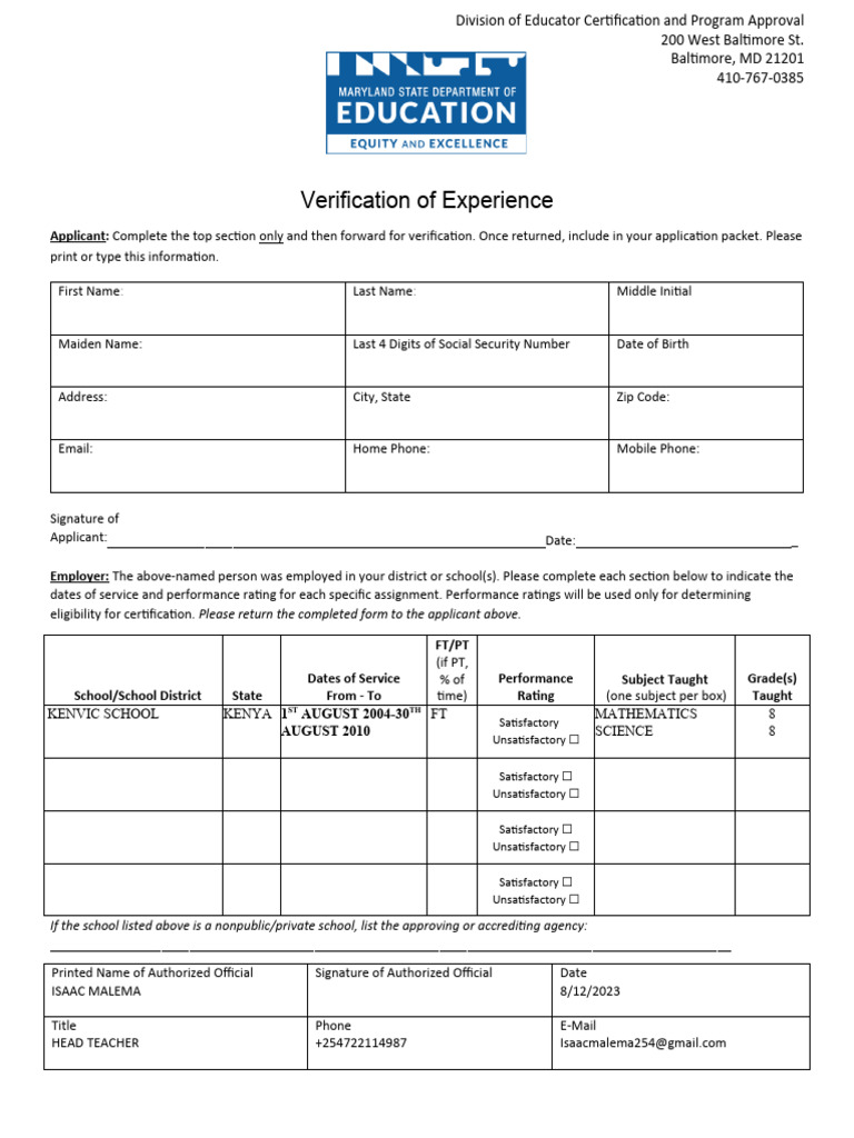 MSDE Verification of Experience | PDF
