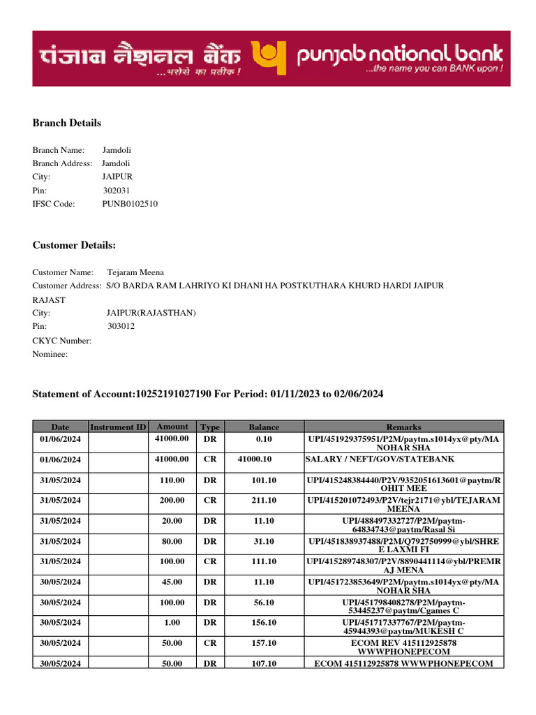 PNB Bank Statement Tejaram | PDF | Financial Services | Banking