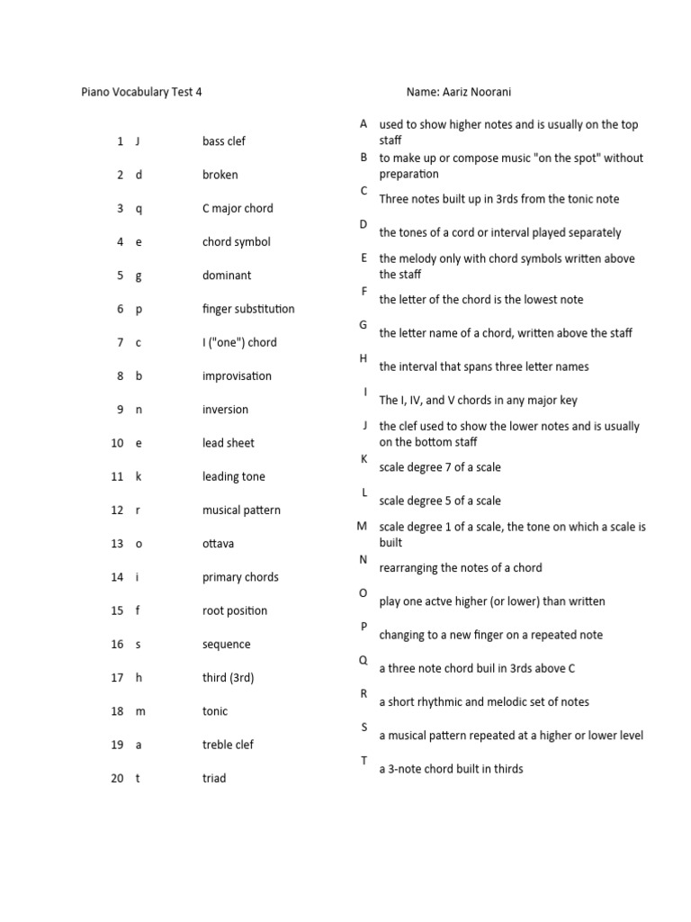 Piano Vocabulary Test Guide | PDF | Chord (Music) | Scale (Music)