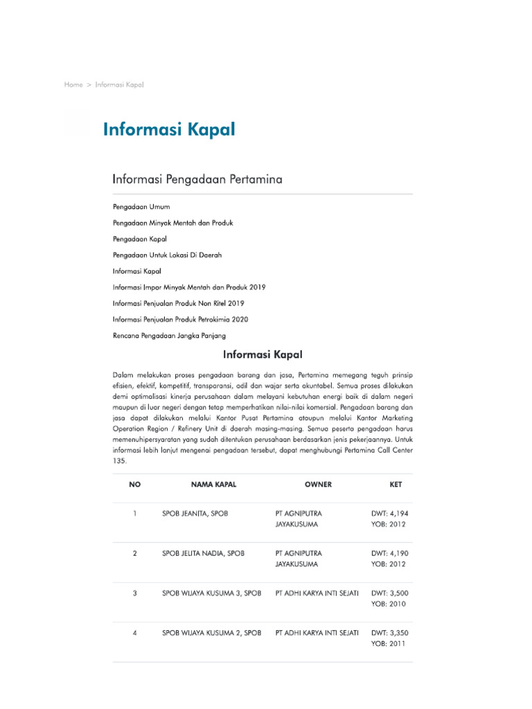 Data Kapal Tanker Pertamina Patra Niaga | PDF