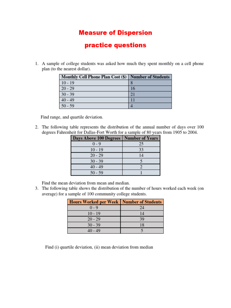Worksheet For Dspersion Pdf Standard Deviation Variance