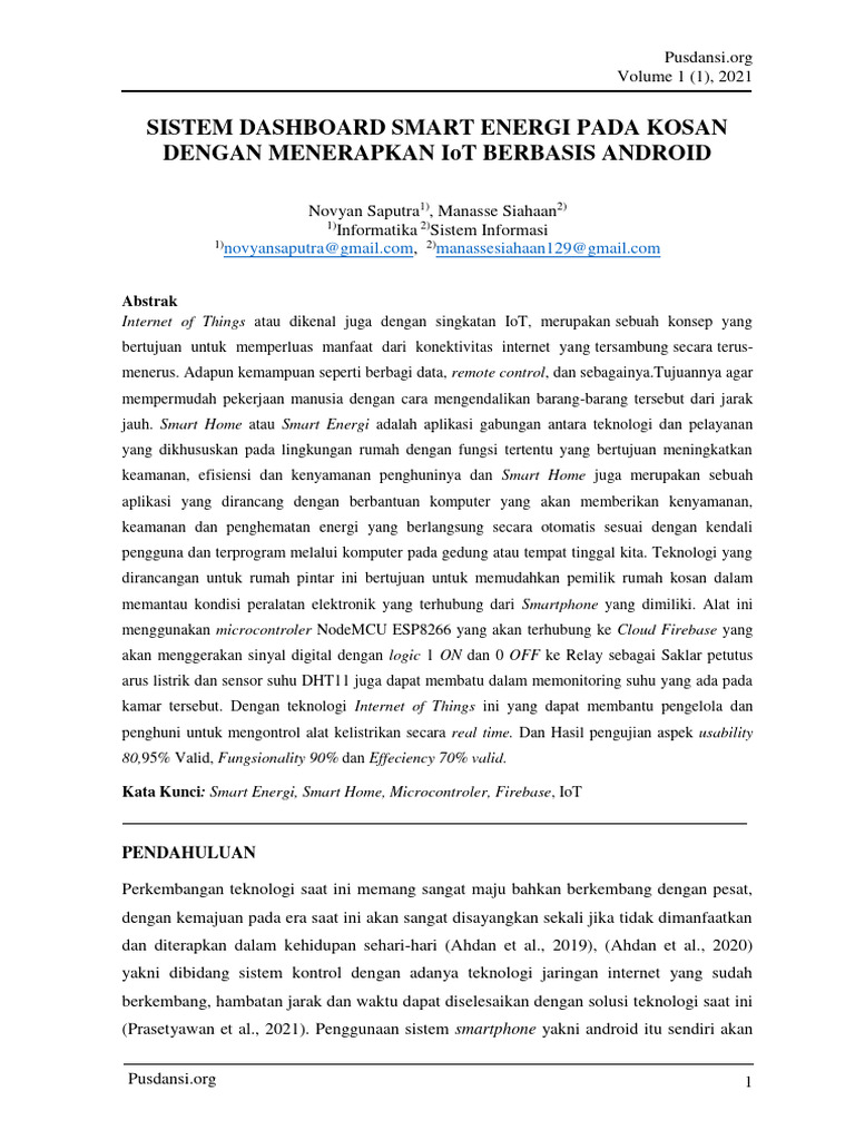 SISTEM DASHBOARD SMART ENERGI PADA KOSAN DENGAN MENERAPKAN IoT BERBASIS ANDROID | PDF