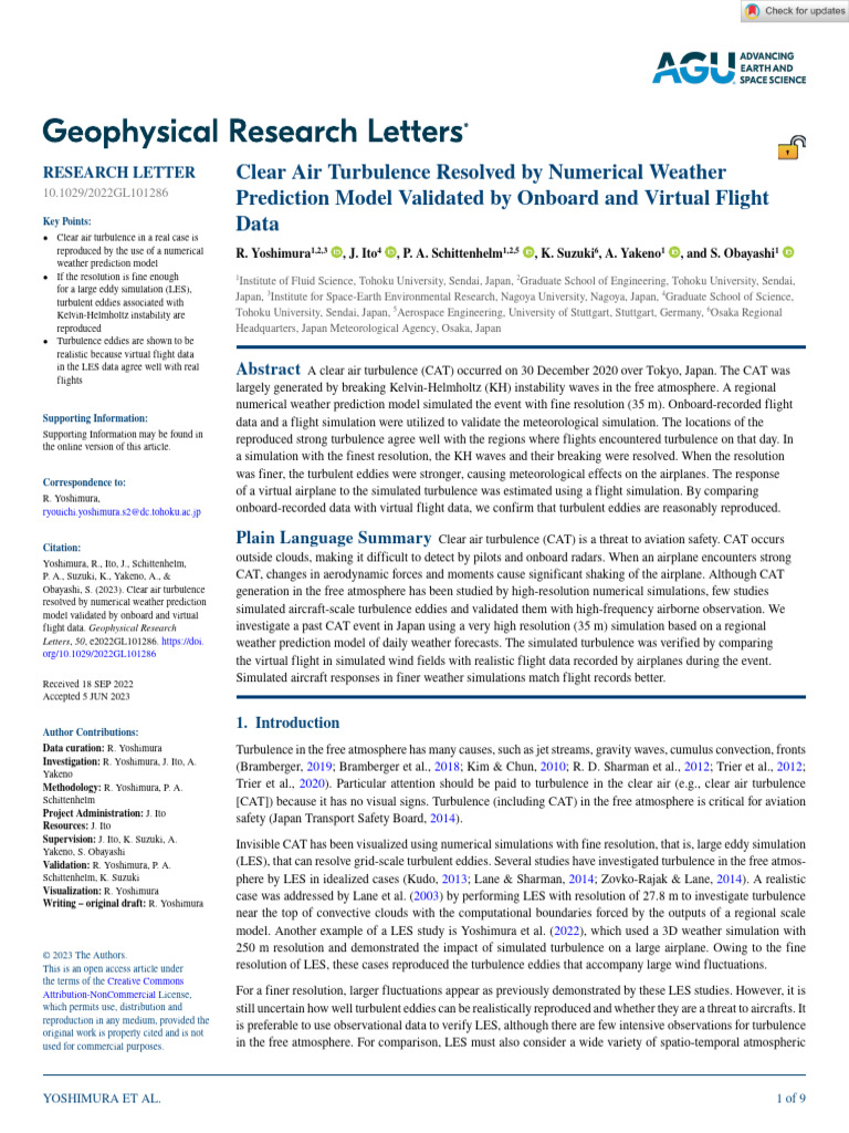 Geophysical Research Letters - 2023 - Yoshimura - Clear Air Turbulence Resolved by Numerical ...