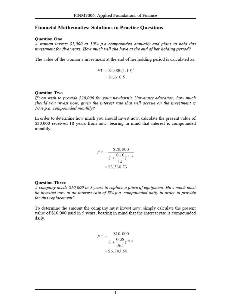 1a) Financial Mathematics Solutions To Practice Questions | PDF | Present Value | Interest