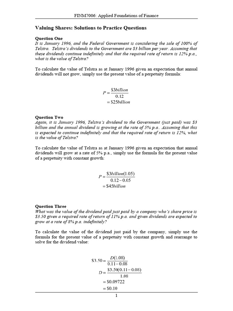 2) Valuing Shares Solutions To Practice Questions | PDF | Present Value ...
