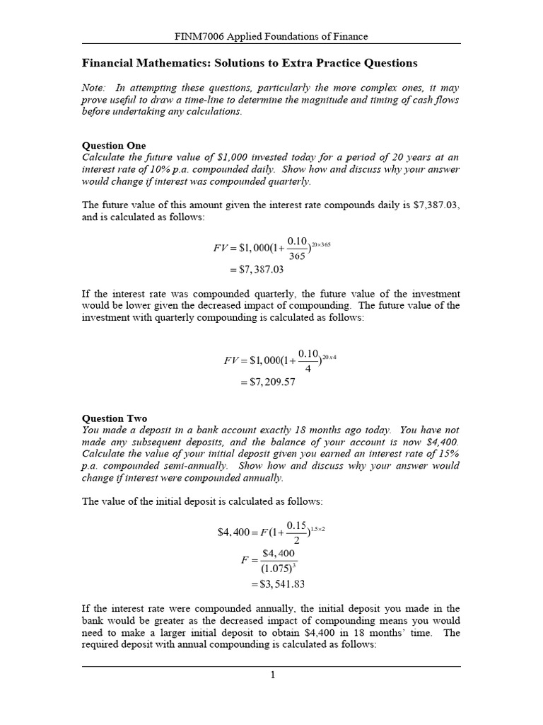 1b) Extra Financial Maths Solutions To Practice Questions | PDF | Present Value | Interest