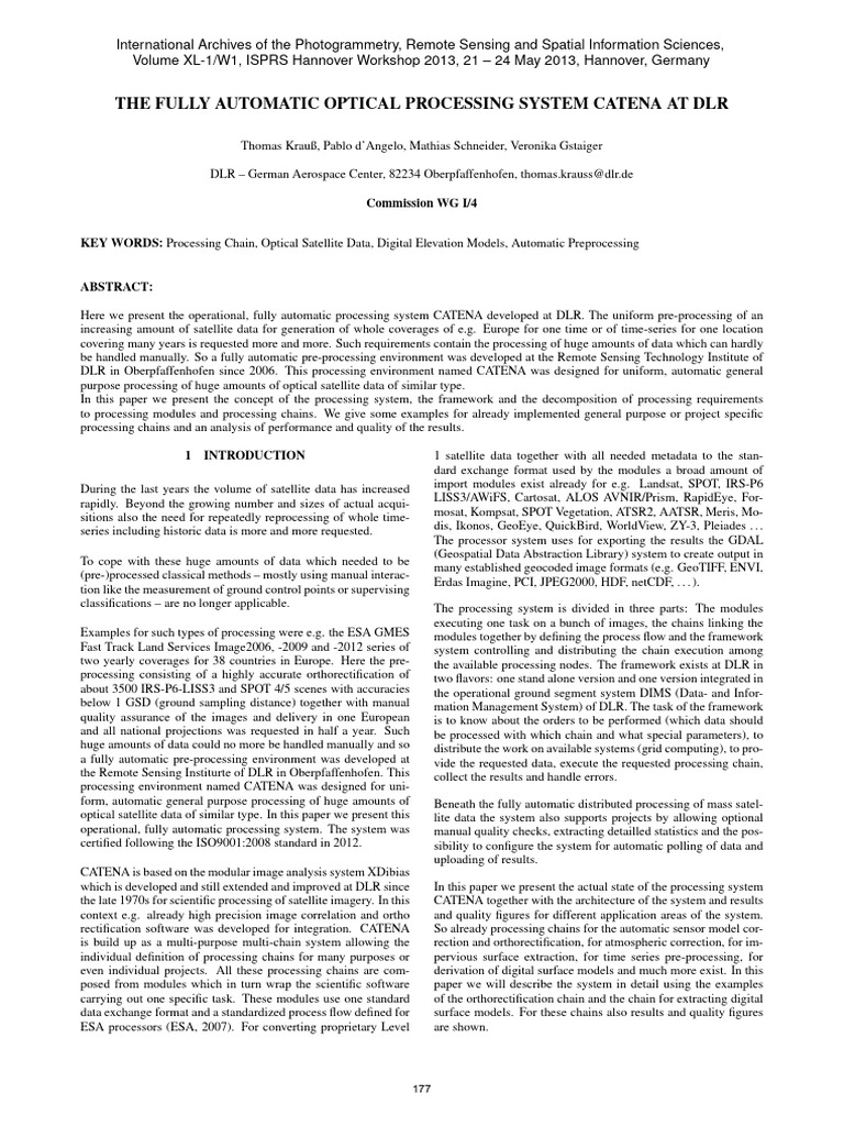 The Fully Automatic Optical Processing System CATENA at DLR | PDF | Remote Sensing | Metadata