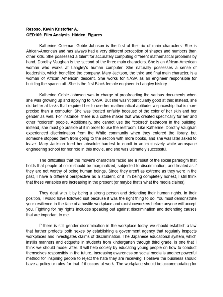 Hidden Figures Film Analysis - Resoso | PDF | Katherine Johnson ...