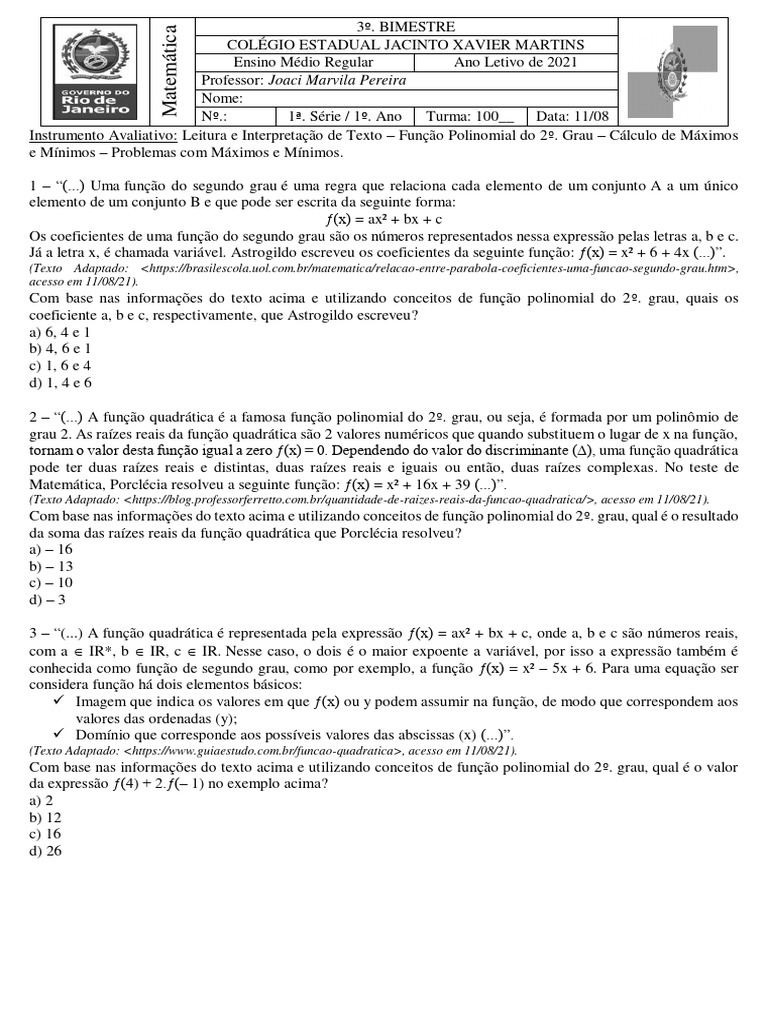 Atividade das Aulas 02-03-04 - Matemática 1º Ano do Ensino Médio ... Atividade das Aulas 02-03-04 - Matemática 1º Ano do Ensino Médio ...