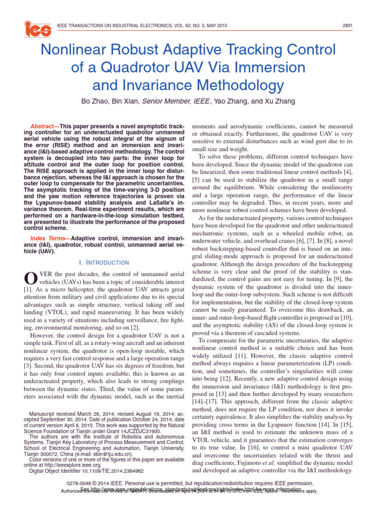 Nonlinear Robust Adaptive Tracking Control of A Quadrotor UAV Via Immersion and Invariance ...