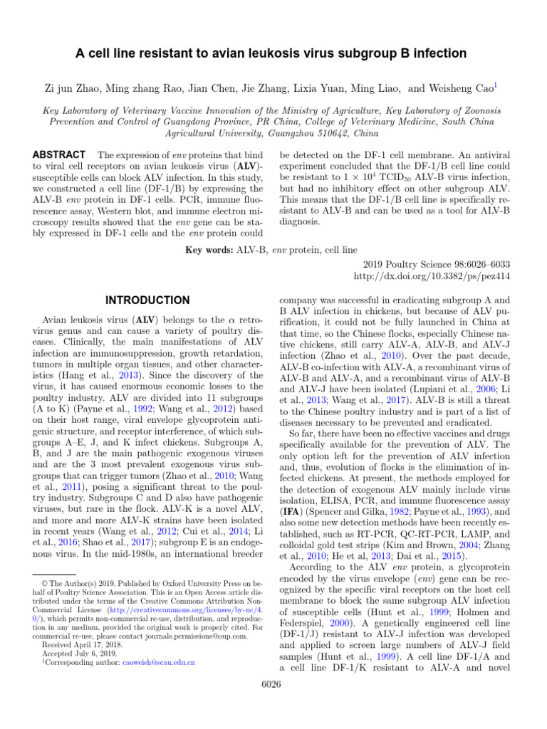 A Cell Line Resistant To Avian Leukosis Virus Subgroup B I - 2019 ...