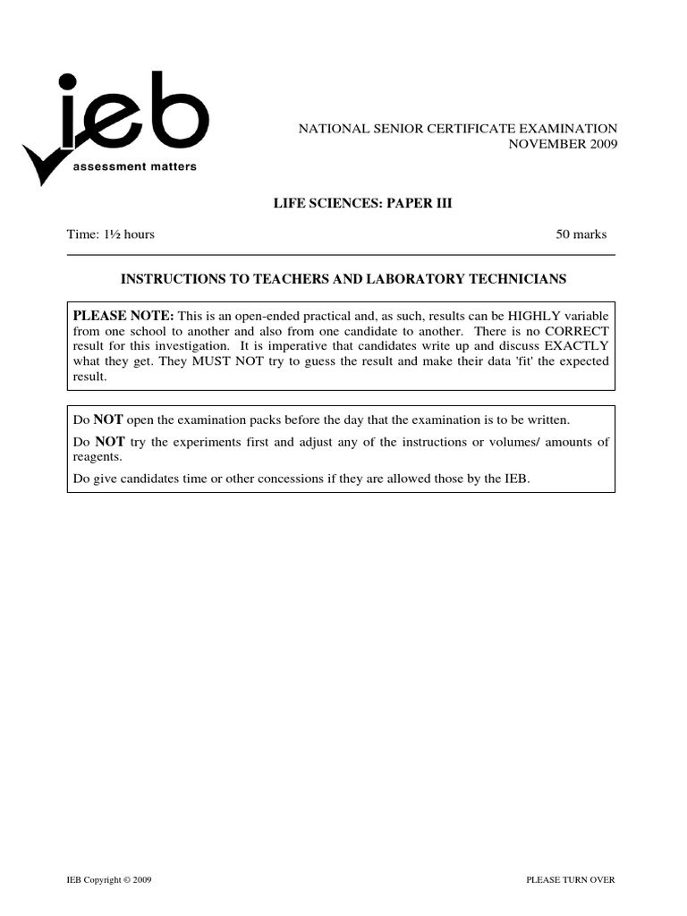 Life Sciences Paper III Instructions To Teachers (2009) | PDF | Knife