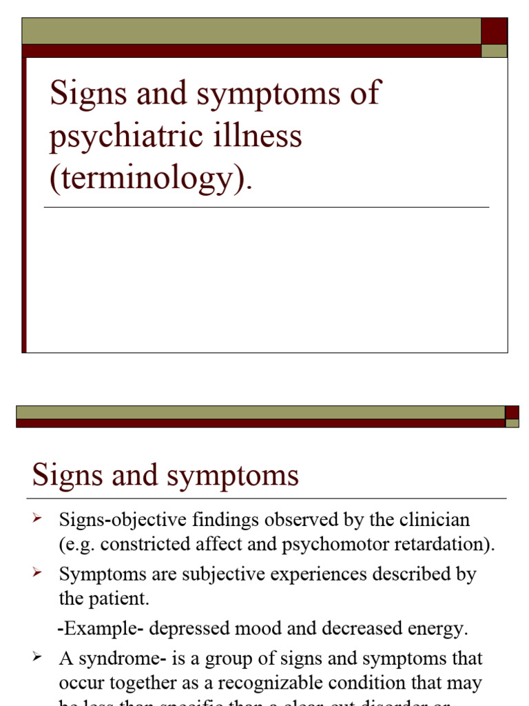 Signs and Symptoms of Psychiatric Illness (Terminology | PDF ...