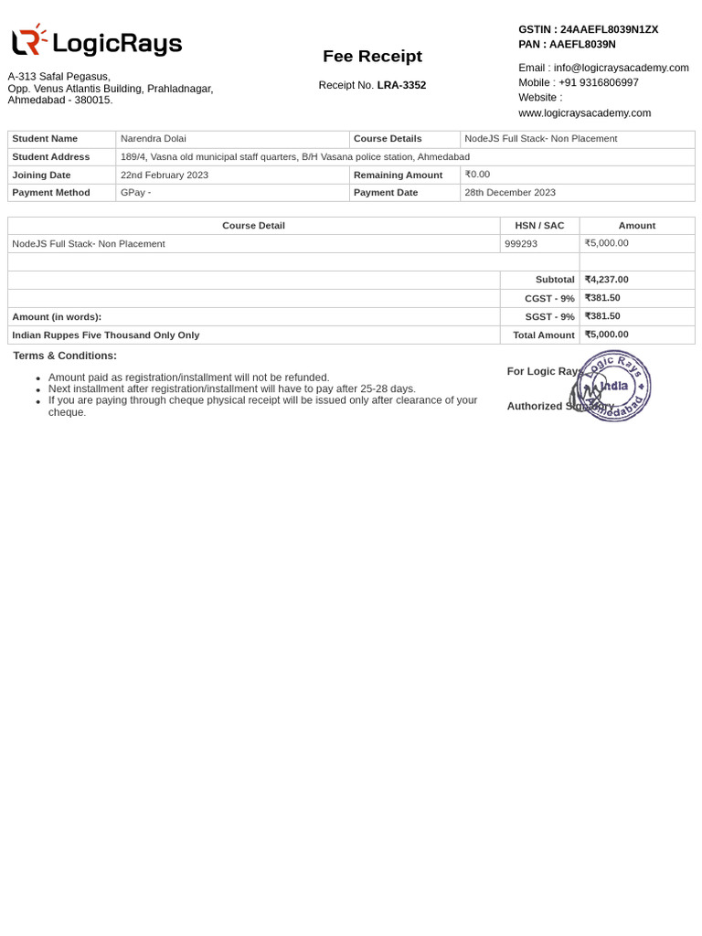 LogicRays Academy Payment Receiptnarendradolai1 | PDF | Payments ... LogicRays Academy Payment Receiptnarendradolai1 | PDF | Payments ...