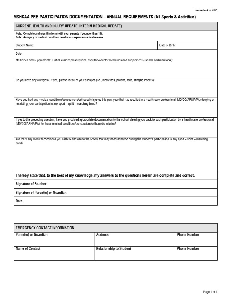 MSHSAA-Pre-Participation Documentation Form | PDF | Concussion | Health Care