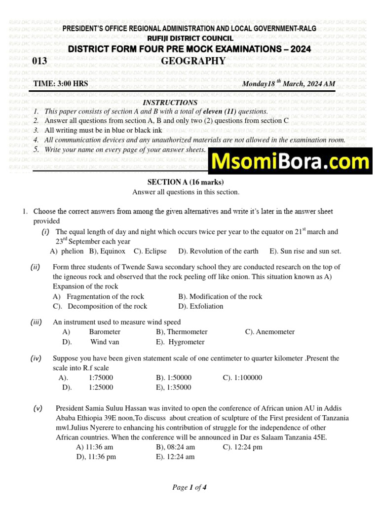 GEOGRAPHY PRE-MOCK F4 2024 examination | Download Free PDF | Earth Sciences | Geology