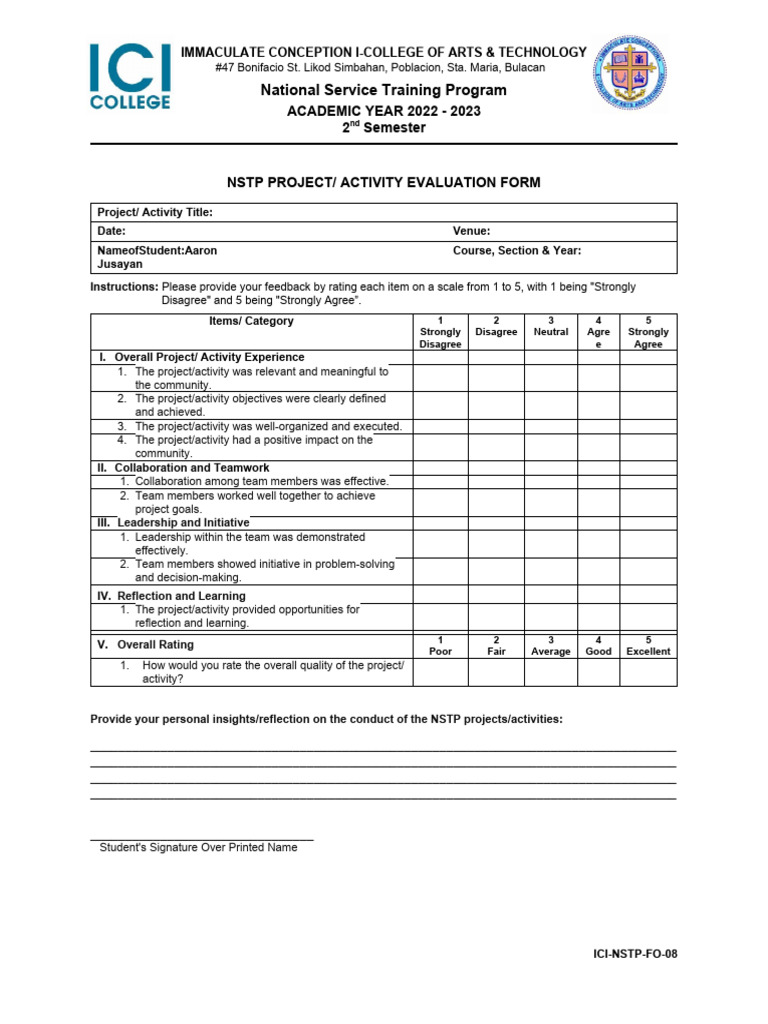 ICI-NSTP-FO-08-Project-Activity-Evalaution-Form-1 (2) | PDF | Cognitive ...