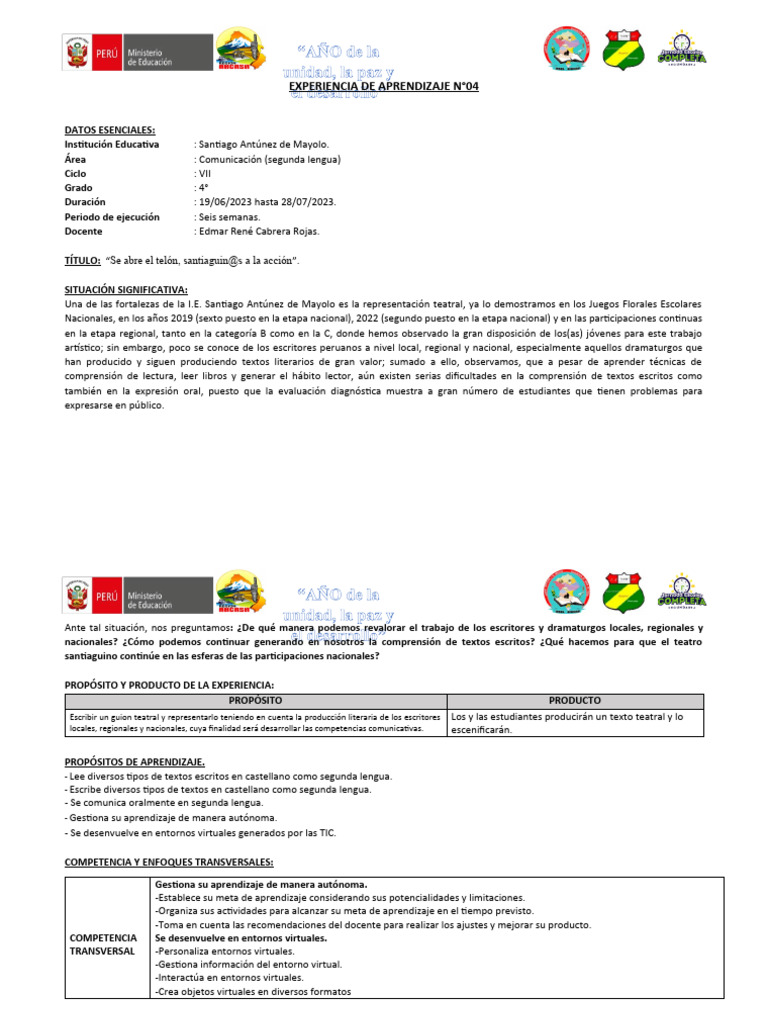 EXPERIENCIA DE APRENDIZAJE 4 | PDF | Aprendizaje | Segundo lenguaje