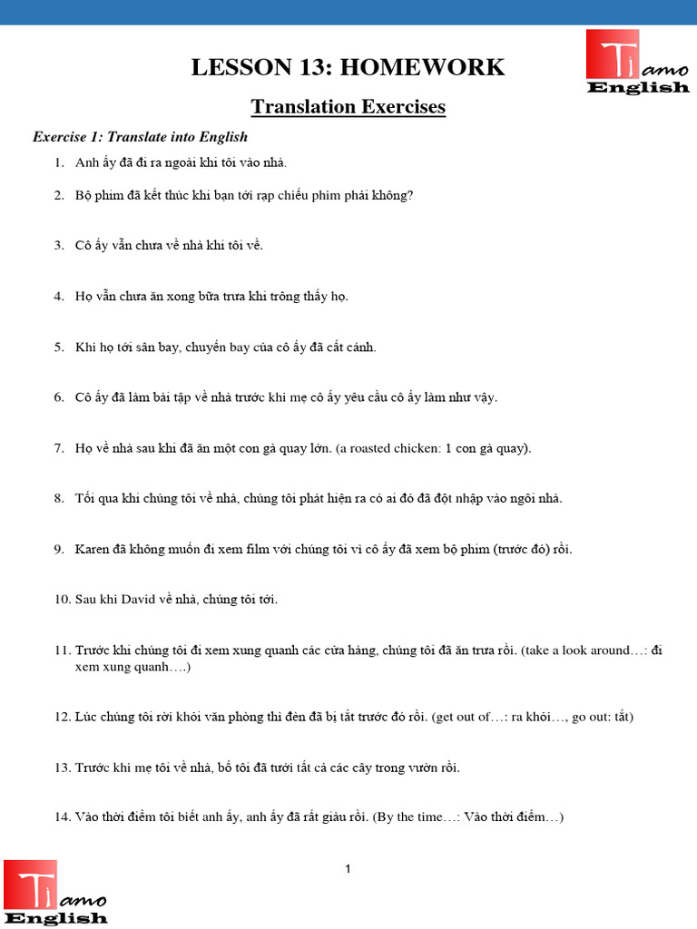 Lesson 13 - Homework (dịch Việt - Anh) | PDF