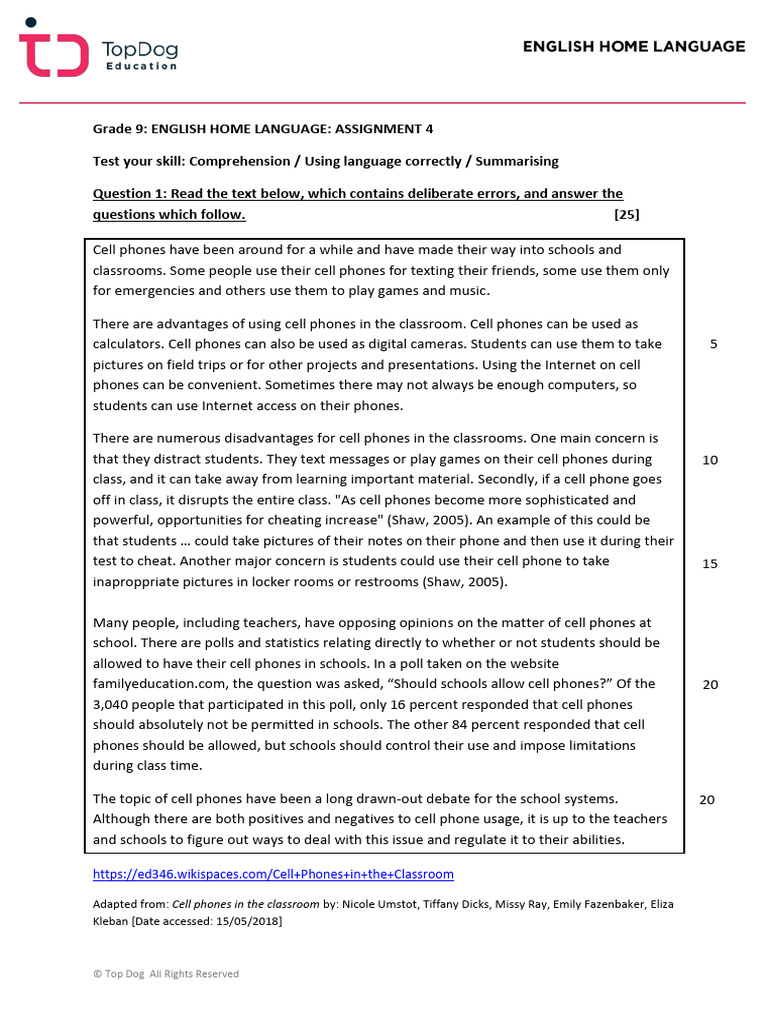 Grade 9 Assignment 4 | Download Free PDF | Telephone | Text Messaging