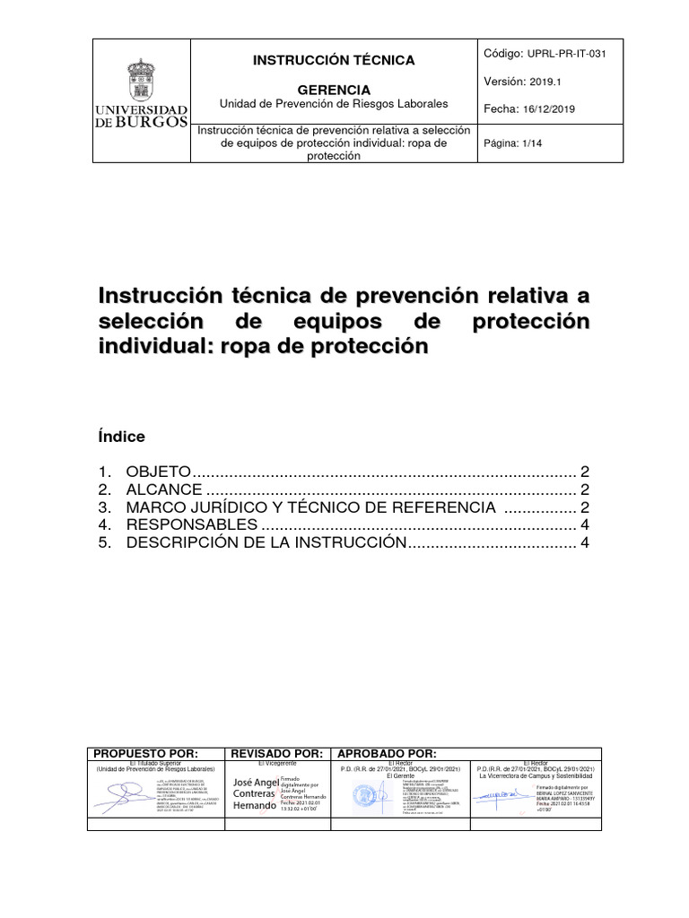 Uprl PR It 031 Instruccion Tecnica de Prevencion Relativa A Seleccion de Equipos de Proteccion ...