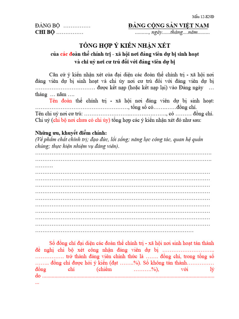 Mau 12 - KND - Tong Hop Nhan Xet Cuadoan The DV Dang Vien Du Bi | PDF