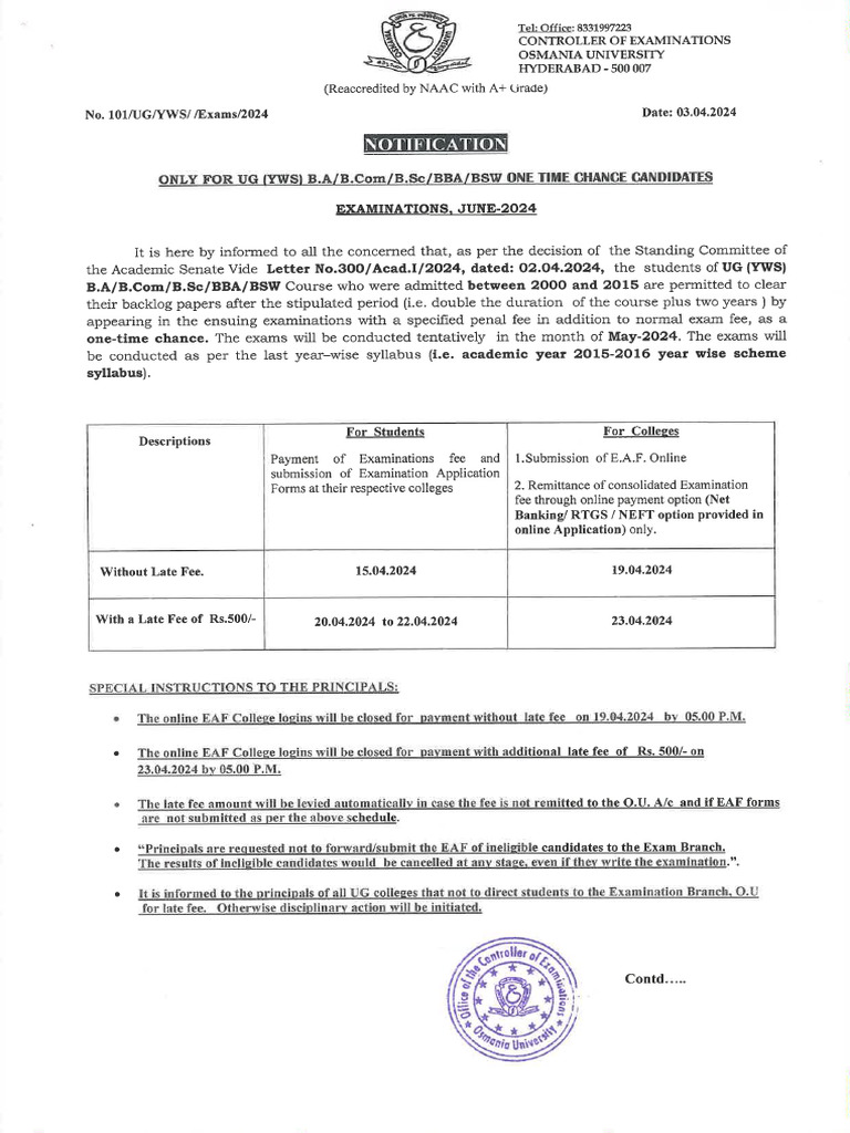 OU UG YWS One Time Chance Examinations Notification - June 2024 | PDF