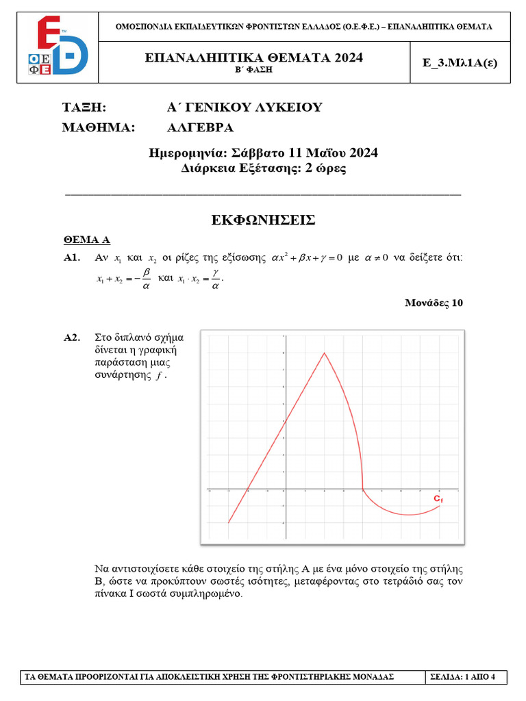 ΟΕΦΕ 2024 - Α - Λυκείου - Άλγεβρα - Θέματα | PDF