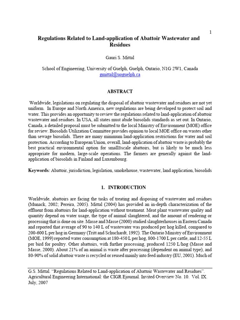 Regulations Related To Land-Application of Abattoir Wastewater and ...